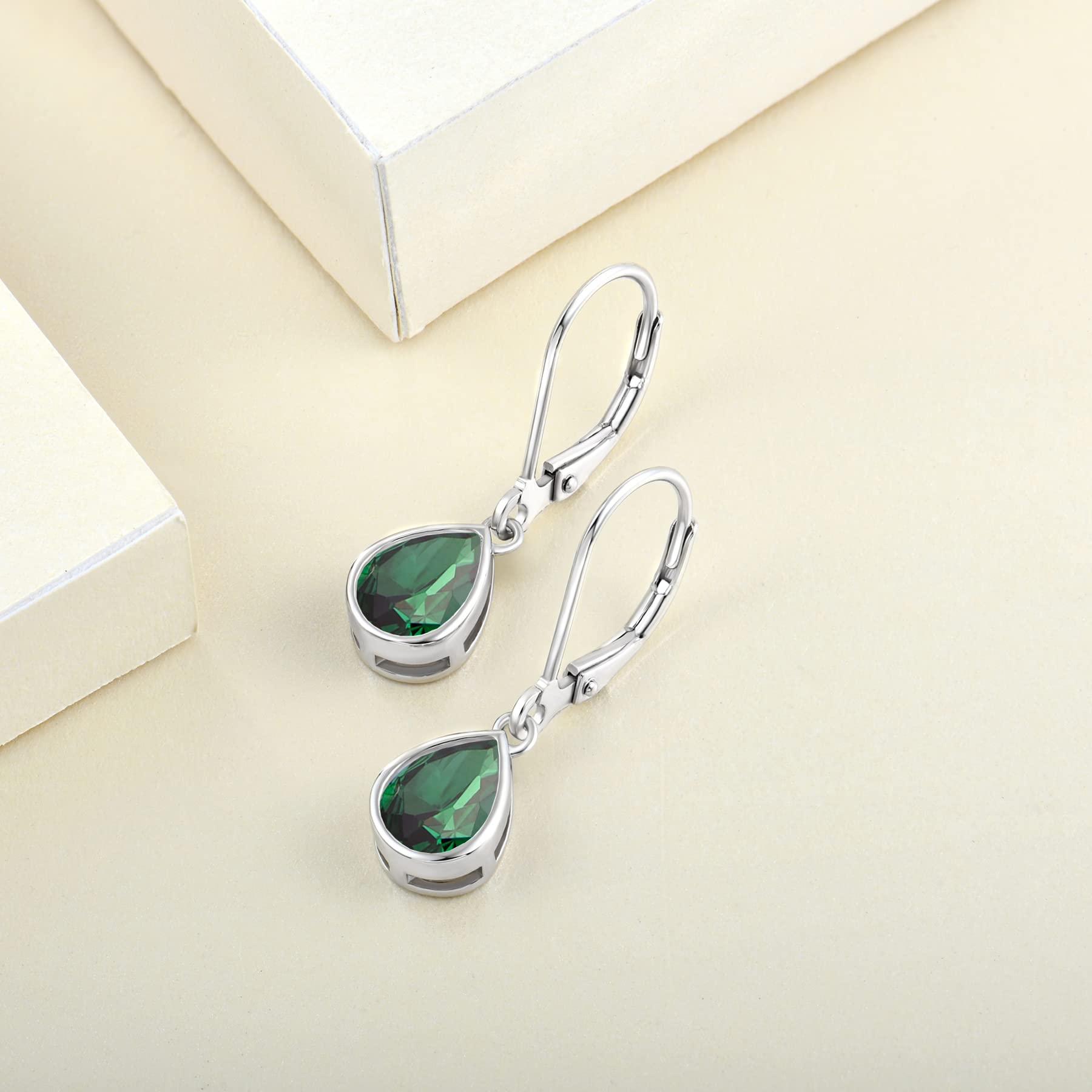 YL Women's Solitaire Dangle Drop Earrings Sterling Silver Teardrop Leverback Earrings Created Emerald Jewelry Gifts