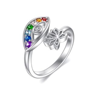 925 sterling silver evil eye & lotus ring 7 chakra cubic zirconia adjustable open ring jewelry gift for women (8)