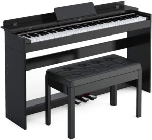 setting 88-key weighted digital piano, electric upright piano with 3-pedal unit board, lcd screen, multi-functional full size keyboard and power adapter(black(with bench)), 53.5 x 29.9 12.2 inch