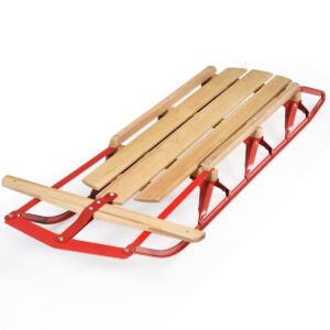 renatone wooden sled, 54 inch snow sleigh toboggan w/metal runners & steering bar, pull sled for kids & adults, steel & wood, red