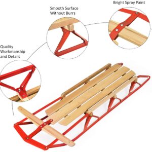 Renatone Wooden Sled, 54 Inch Snow Sleigh Toboggan w/Metal Runners & Steering Bar, Pull Sled for Kids & Adults, Steel & Wood, Red