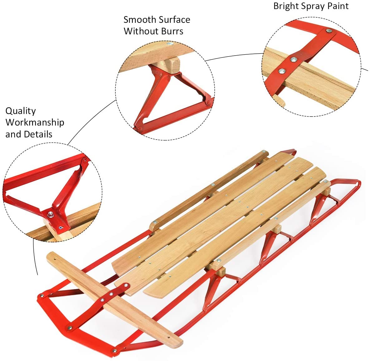 Renatone Wooden Sled, 54 Inch Snow Sleigh Toboggan w/Metal Runners & Steering Bar, Pull Sled for Kids & Adults, Steel & Wood, Red