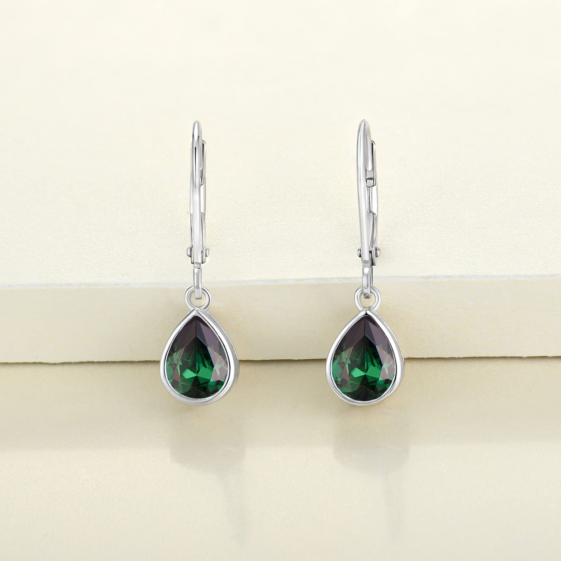 YL Women's Solitaire Dangle Drop Earrings Sterling Silver Teardrop Leverback Earrings Created Emerald Jewelry Gifts