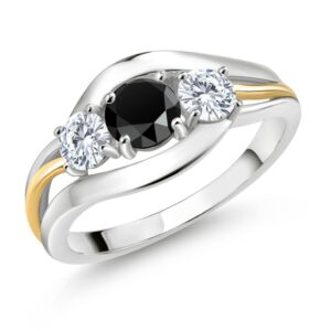 gem stone king 925 sterling silver and 10k yellow gold round black onyx and white moissanite 3 stone ring for women (0.94 cttw, available in size 5, 6, 7, 8, 9)