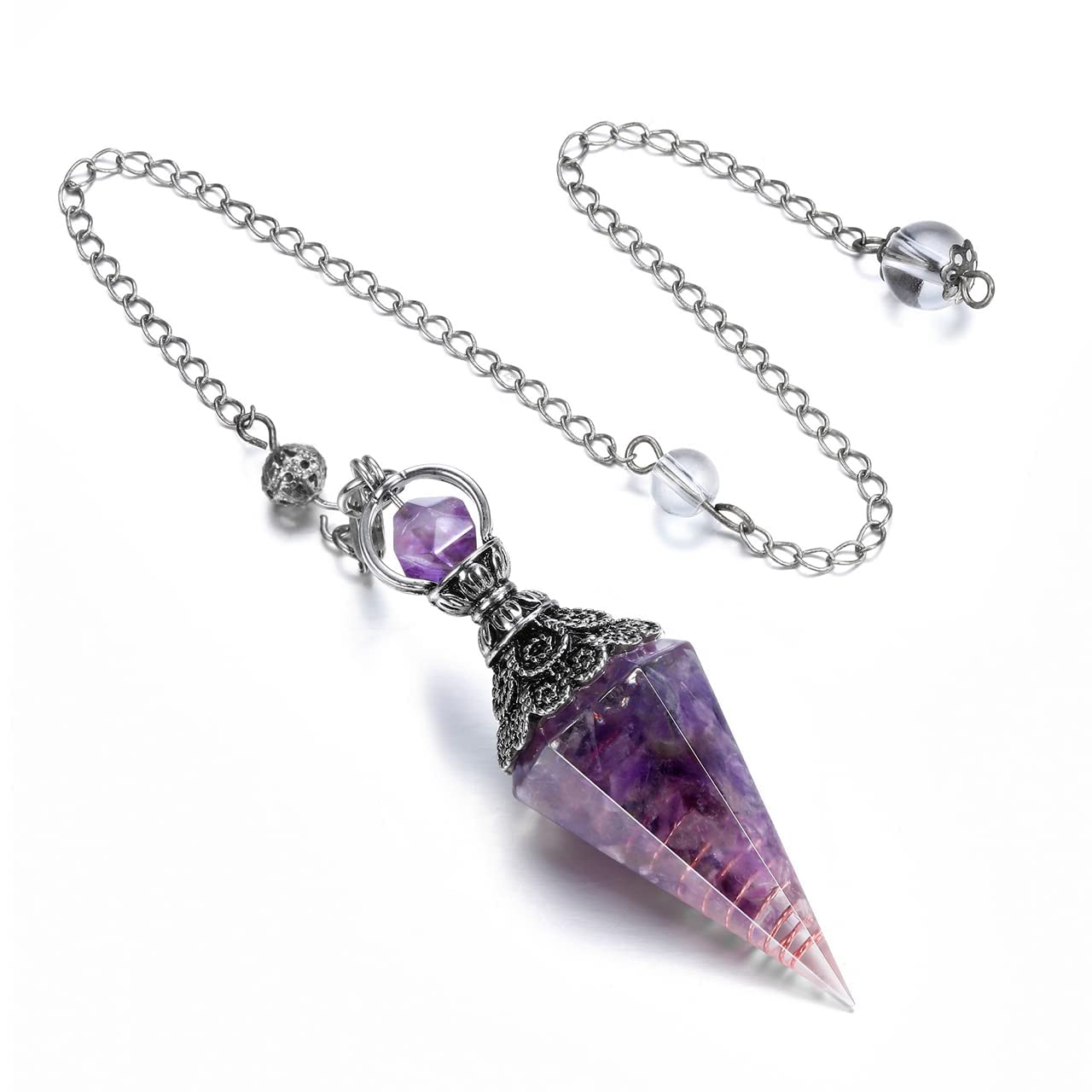 Top Plaza Bundle - 2 Items: 6 Facet Hexagonal Point Pendant Pendulum for Reiki Wicca Dowsing Balancing & Antique Silver Flower Wrapped Natural Amethyst Healing Crystal Necklace