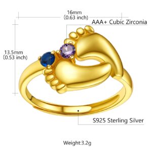 Custom4U Gold Baby Feet Ring 925 Sterling Silver Engraved Mother Open Rings Adjustable Gift for Women Mom Grandma