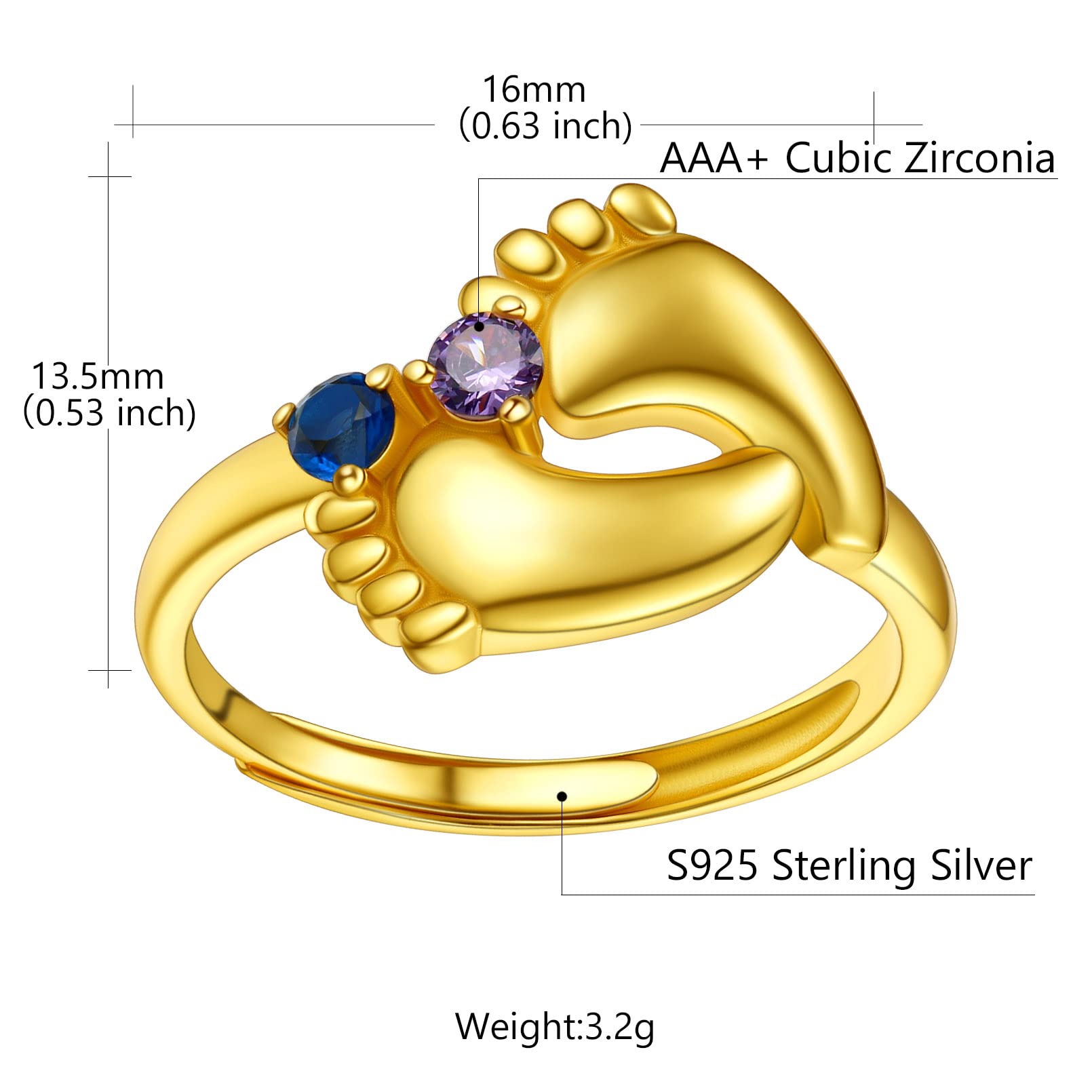 Custom4U Gold Baby Feet Ring 925 Sterling Silver Engraved Mother Open Rings Adjustable Gift for Women Mom Grandma