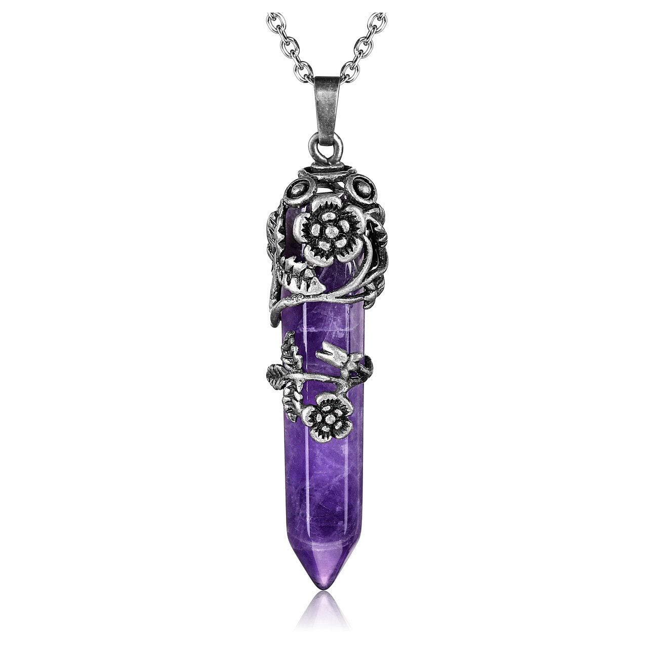 Top Plaza Bundle - 2 Items: 6 Facet Hexagonal Point Pendant Pendulum for Reiki Wicca Dowsing Balancing & Antique Silver Flower Wrapped Natural Amethyst Healing Crystal Necklace