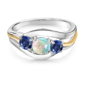 Gem Stone King 925 Sterling Silver and 10K Yellow Gold Round Cabochon White Opal and Blue Created Sapphire 3 Stone Ring For Women (1.00 Cttw, Available In Size 5, 6, 7, 8, 9)