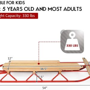 Renatone Wooden Sled, 54 Inch Snow Sleigh Toboggan w/Metal Runners & Steering Bar, Pull Sled for Kids & Adults, Steel & Wood, Red