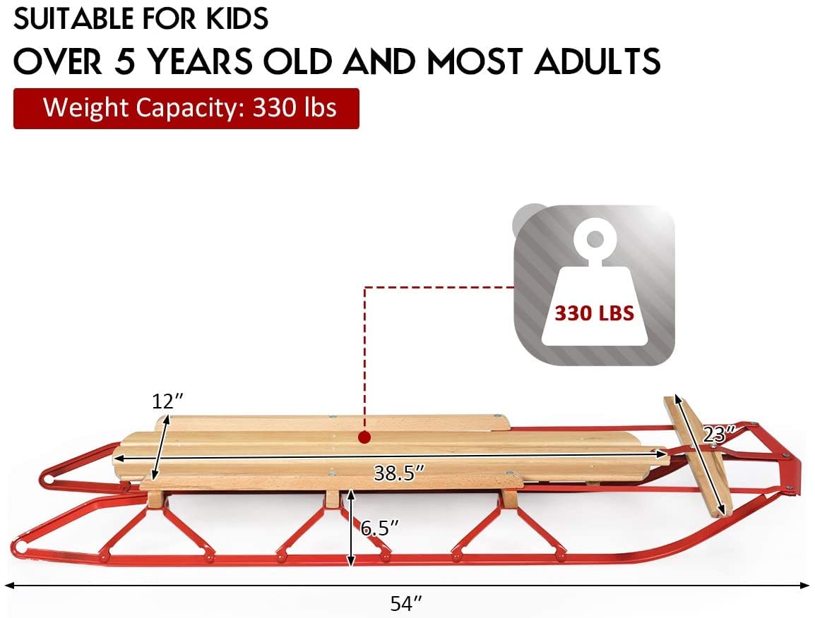 Renatone Wooden Sled, 54 Inch Snow Sleigh Toboggan w/Metal Runners & Steering Bar, Pull Sled for Kids & Adults, Steel & Wood, Red