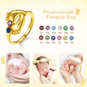 Custom4U Gold Baby Feet Ring 925 Sterling Silver Engraved Mother Open Rings Adjustable Gift for Women Mom Grandma