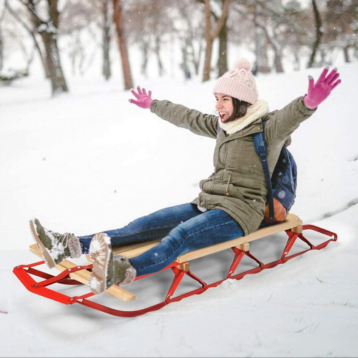 Renatone Wooden Sled, 54 Inch Snow Sleigh Toboggan w/Metal Runners & Steering Bar, Pull Sled for Kids & Adults, Steel & Wood, Red