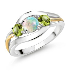 gem stone king 925 sterling silver and 10k yellow gold round cabochon white opal and green peridot 3 stone ring for women (1.10 cttw, available in size 5, 6, 7, 8, 9)