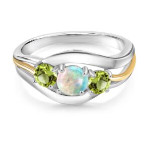 Gem Stone King 925 Sterling Silver and 10K Yellow Gold Round Cabochon White Opal and Green Peridot 3 Stone Ring For Women (1.10 Cttw, Available In Size 5, 6, 7, 8, 9)