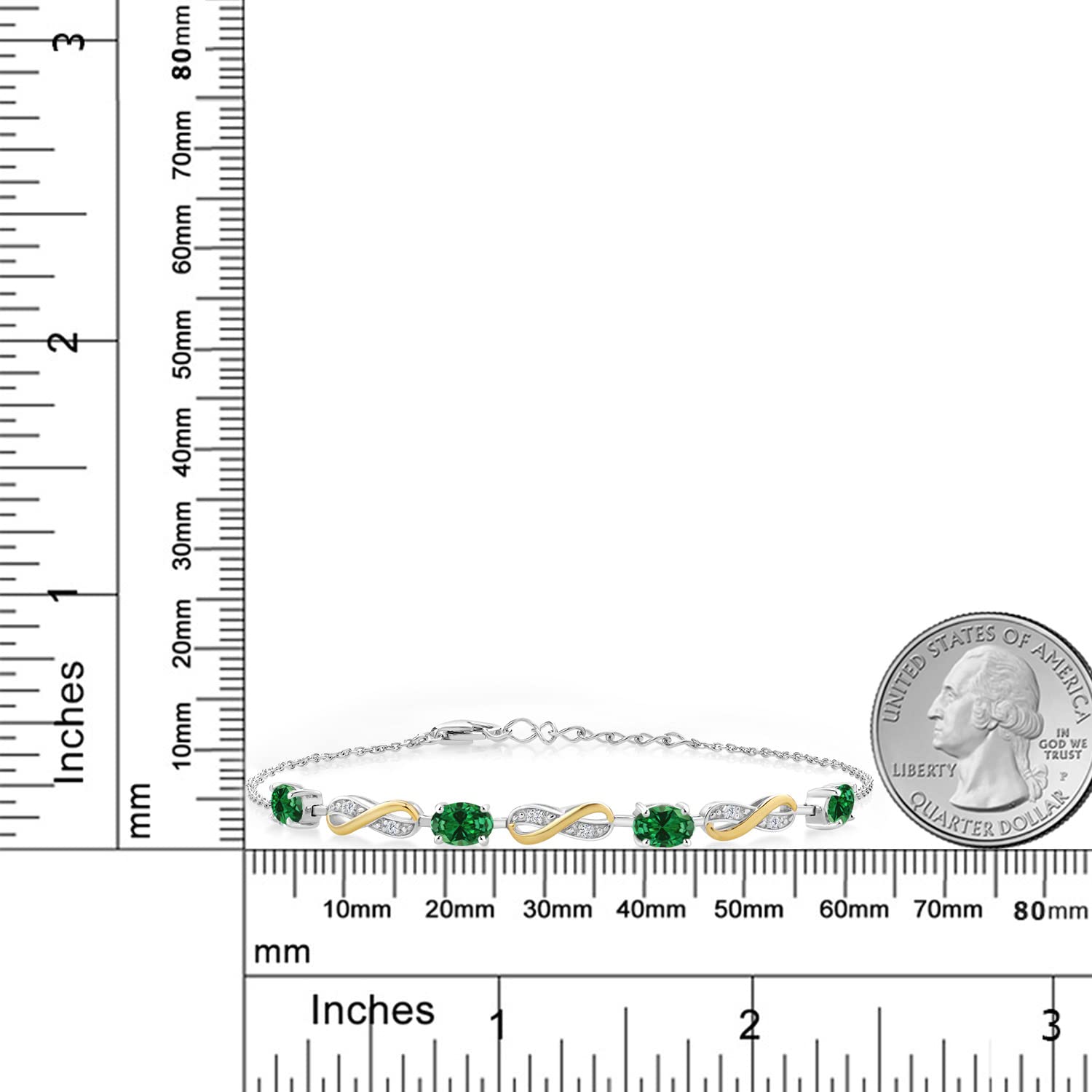 Gem Stone King 925 Sterling Silver and 10K Yellow Gold Green Created Emerald and White Lab Grown Diamond Tennis Bracelet For Women (1.45 Cttw, Oval 6X4MM, Fully Adjustable Up to 7.5 Inch)