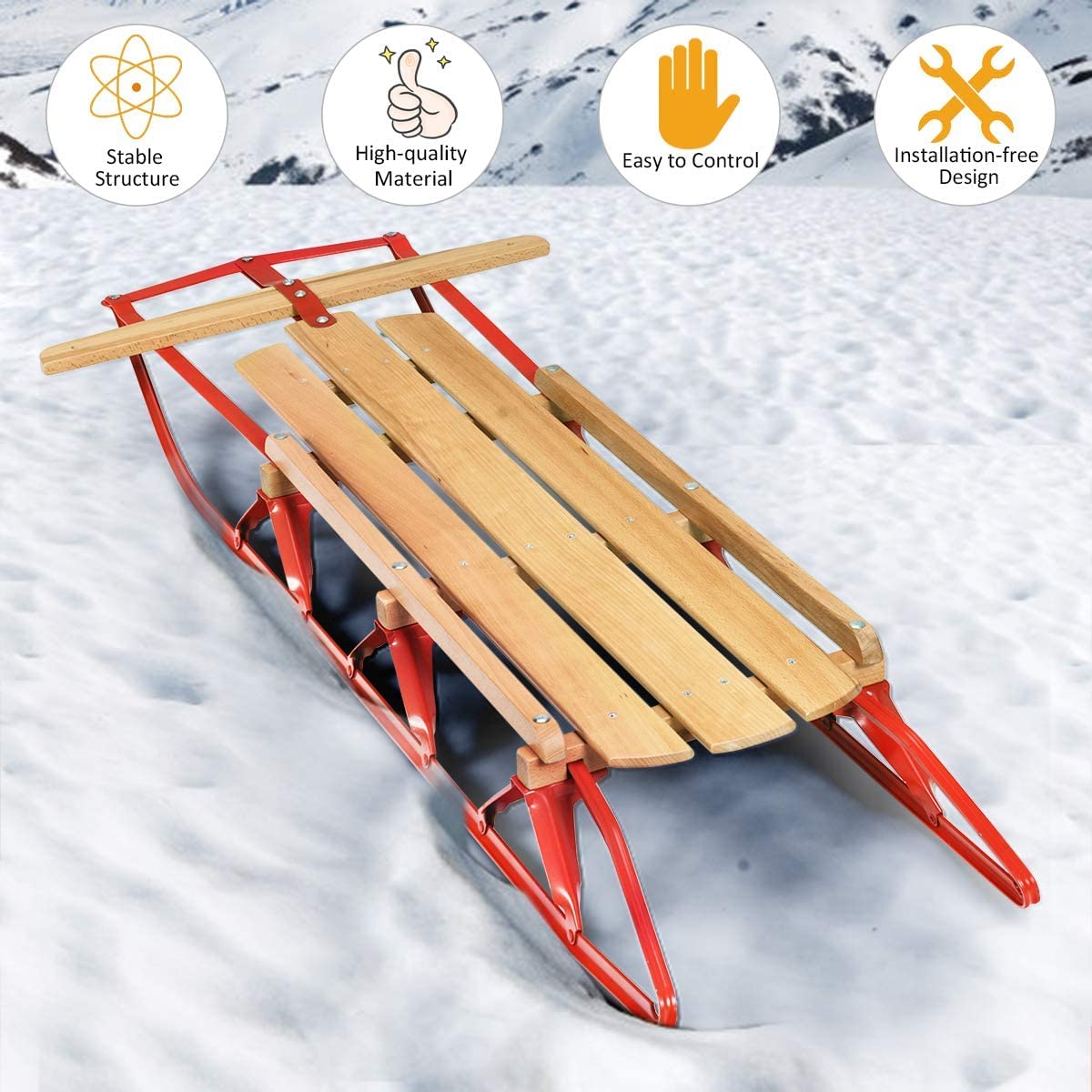 Renatone Wooden Sled, 54 Inch Snow Sleigh Toboggan w/Metal Runners & Steering Bar, Pull Sled for Kids & Adults, Steel & Wood, Red