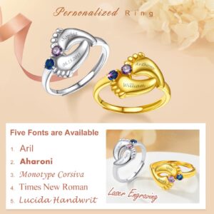 Custom4U Gold Baby Feet Ring 925 Sterling Silver Engraved Mother Open Rings Adjustable Gift for Women Mom Grandma