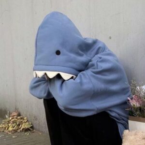 YEMOCILE Women Cute Shark Hoodie Long Sleeve Blue Kawaii Animal Shark Shape Hooded Pullover Sweatshirts