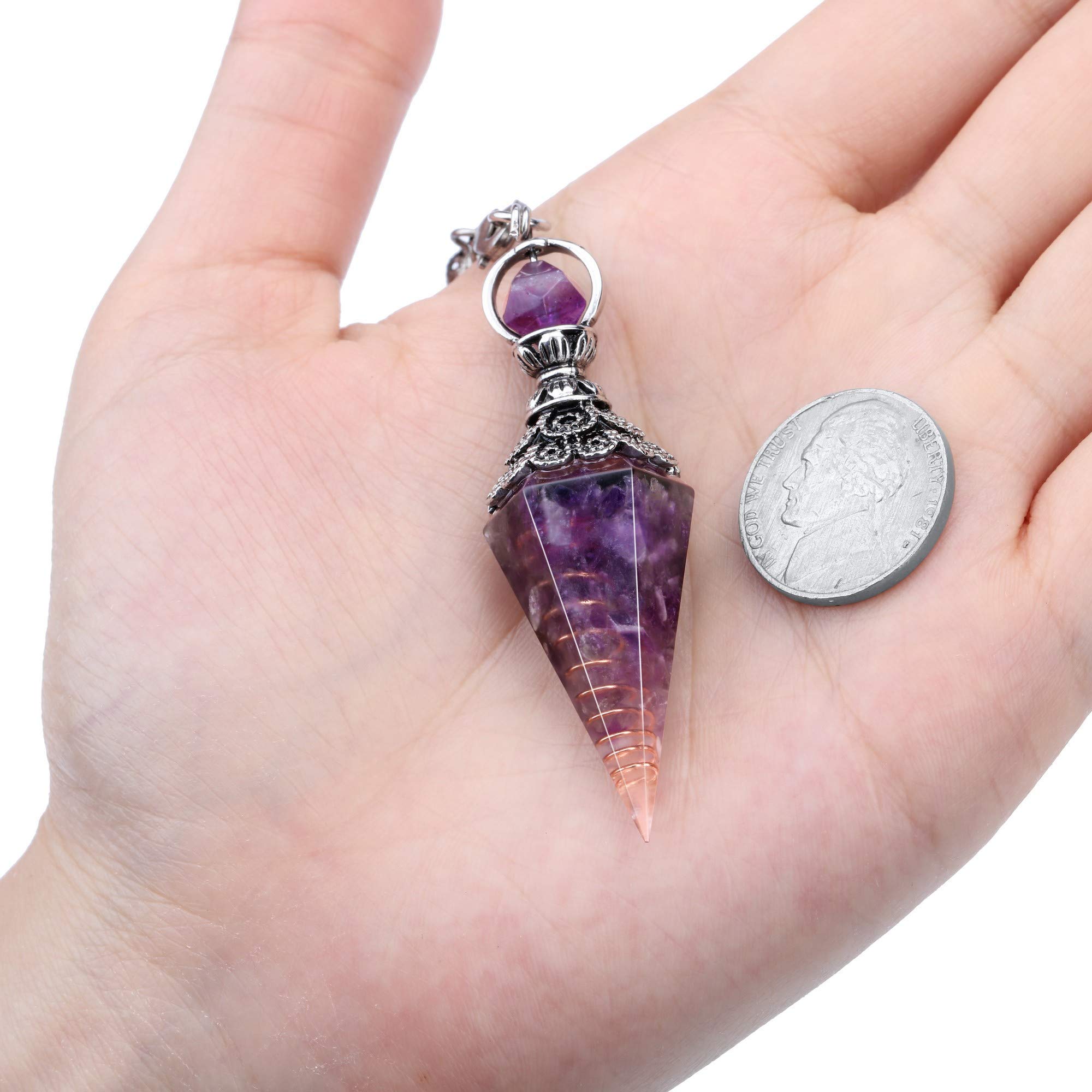 Top Plaza Bundle - 2 Items: 6 Facet Hexagonal Point Pendant Pendulum for Reiki Wicca Dowsing Balancing & Antique Silver Flower Wrapped Natural Amethyst Healing Crystal Necklace