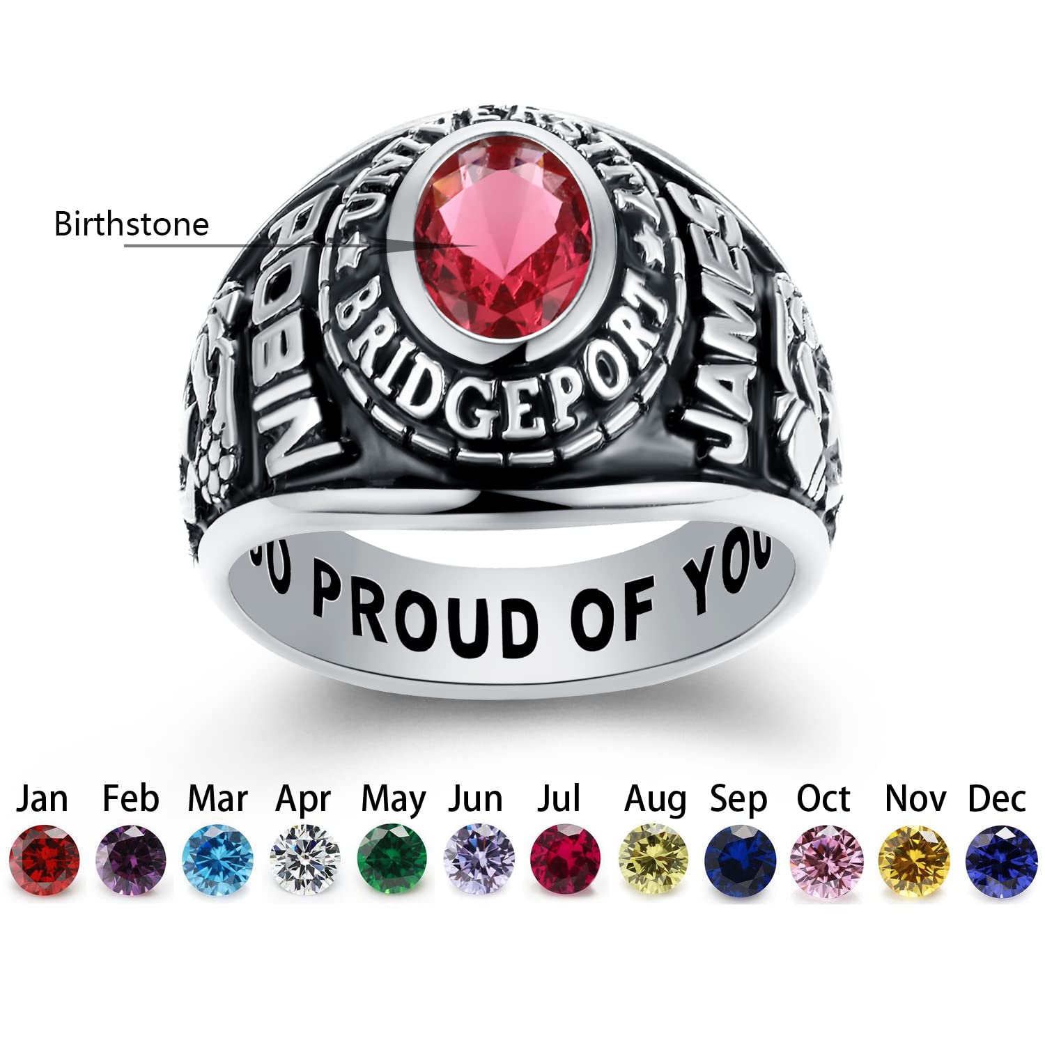 Ccjcinata Personalized 10kt White Gold Men's Class Ring with Birthstone Graduation Ring 2024 Custom Men's Class Ring High School & College Sizes 5-15