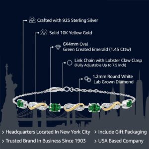 Gem Stone King 925 Sterling Silver and 10K Yellow Gold Green Created Emerald and White Lab Grown Diamond Tennis Bracelet For Women (1.45 Cttw, Oval 6X4MM, Fully Adjustable Up to 7.5 Inch)