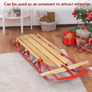 Renatone Wooden Sled, 54 Inch Snow Sleigh Toboggan w/Metal Runners & Steering Bar, Pull Sled for Kids & Adults, Steel & Wood, Red