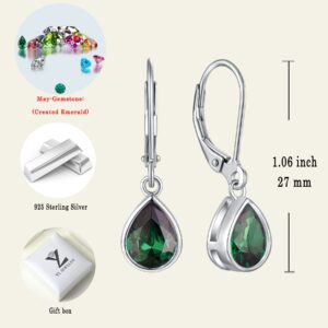 YL Women's Solitaire Dangle Drop Earrings Sterling Silver Teardrop Leverback Earrings Created Emerald Jewelry Gifts