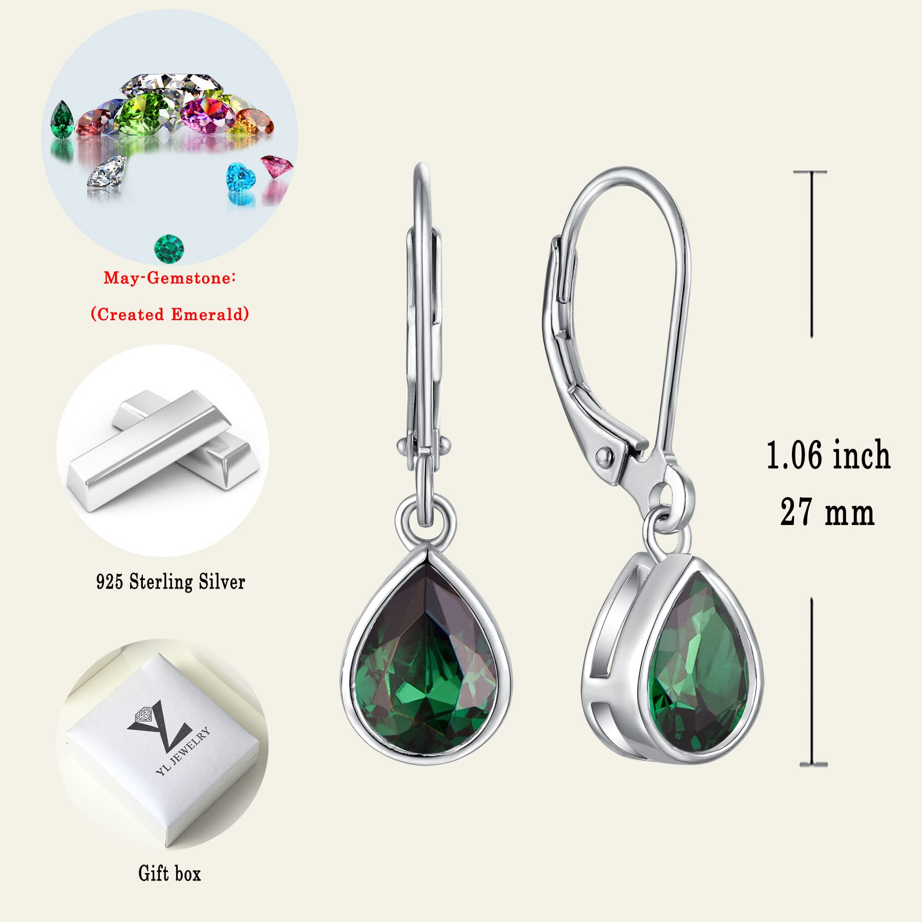 YL Women's Solitaire Dangle Drop Earrings Sterling Silver Teardrop Leverback Earrings Created Emerald Jewelry Gifts