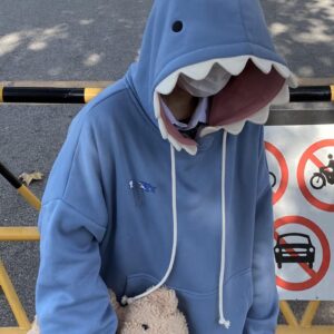 YEMOCILE Women Cute Shark Hoodie Long Sleeve Blue Kawaii Animal Shark Shape Hooded Pullover Sweatshirts