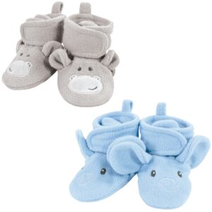 hudson baby unisex-baby animal fleece booties 2-pack socks, blue elephant hippo, 0-6 months