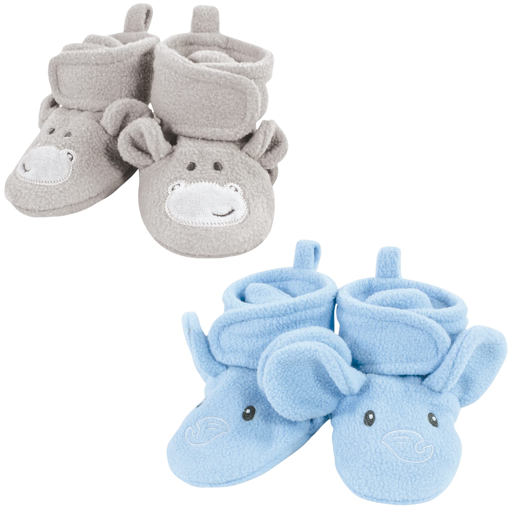 Hudson Baby Unisex-Baby Animal Fleece Booties 2-Pack Socks, Blue Elephant Hippo, 0-6 Months