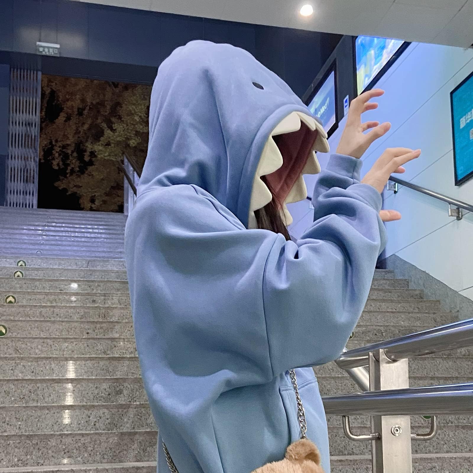 YEMOCILE Women Cute Shark Hoodie Long Sleeve Blue Kawaii Animal Shark Shape Hooded Pullover Sweatshirts