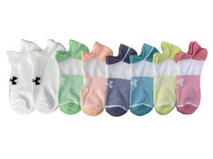 under armour girl`s essential no show socks 8 pack (multi(u0221-691)/white, small)