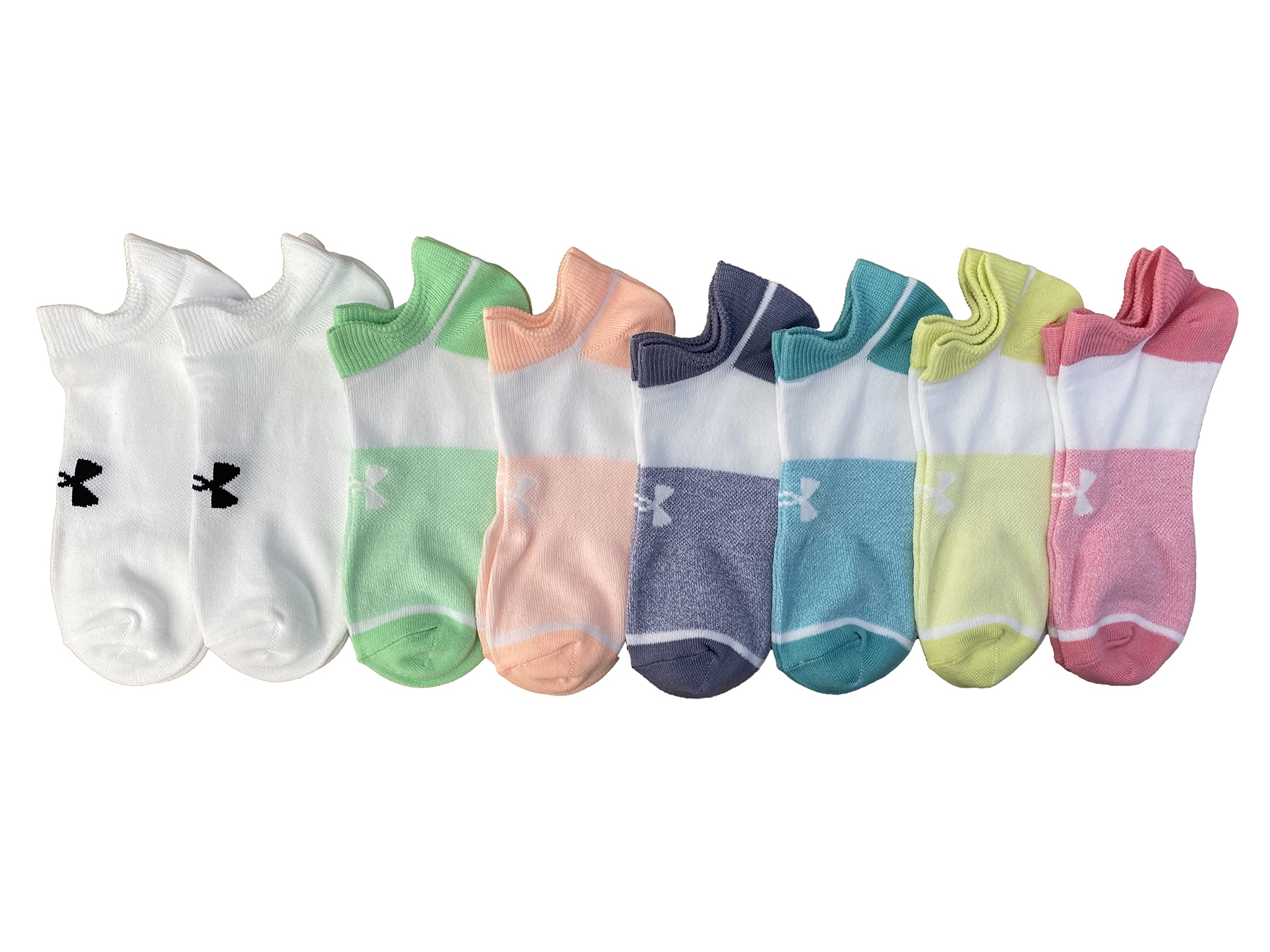 Under Armour Girl`s Essential No Show Socks 8 Pack (Multi(U0221-691)/White, Small)