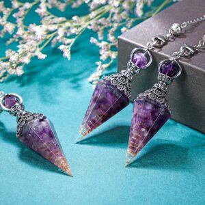 Top Plaza Bundle - 2 Items: 6 Facet Hexagonal Point Pendant Pendulum for Reiki Wicca Dowsing Balancing & Antique Silver Flower Wrapped Natural Amethyst Healing Crystal Necklace