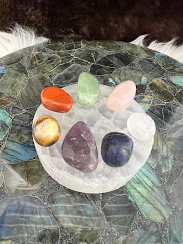 CrystalsAhoy 3" Selenite Charging Plate with TWO Chakra Sets included, polished round and double pointed chakra crystals