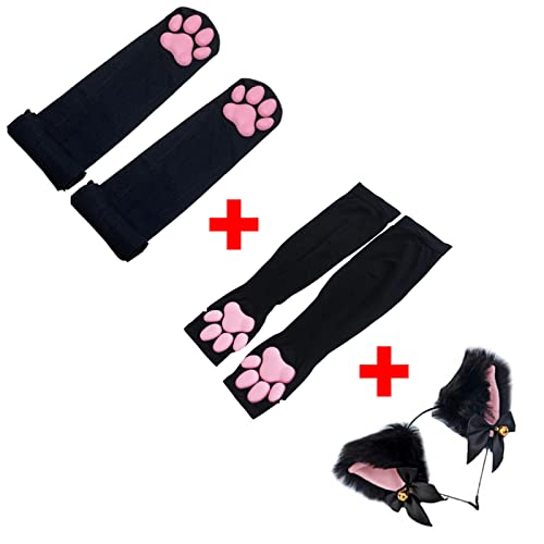 Cute Cat Paw Pad Thigh High Socks, Pink 3D Kitten Claw Mittens Long Fingerless Gloves for Girls Women Cat Cosplay (Black-1)