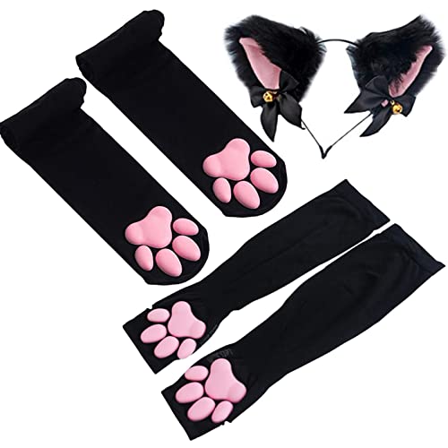 Cute Cat Paw Pad Thigh High Socks, Pink 3D Kitten Claw Mittens Long Fingerless Gloves for Girls Women Cat Cosplay (Black-1)