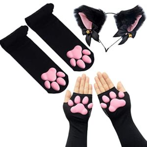 cute cat paw pad thigh high socks, pink 3d kitten claw mittens long fingerless gloves for girls women cat cosplay (black-1)