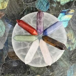 CrystalsAhoy 3" Selenite Charging Plate with TWO Chakra Sets included, polished round and double pointed chakra crystals