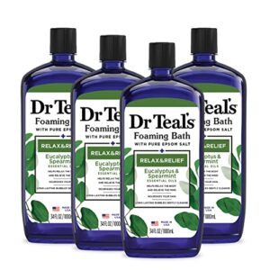 dr teal's foaming bath with pure epsom salt, relax & relief with eucalyptus & spearmint, 34 fl oz (pack of 4) (packaging may vary)