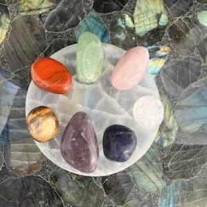 CrystalsAhoy 3" Selenite Charging Plate with TWO Chakra Sets included, polished round and double pointed chakra crystals