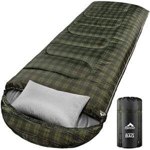 mereza sleeping bag for adults mens kids with pillow, cold weather xl sleeping bag with compression sack for all season camping hiking backpacking (single -plaid)