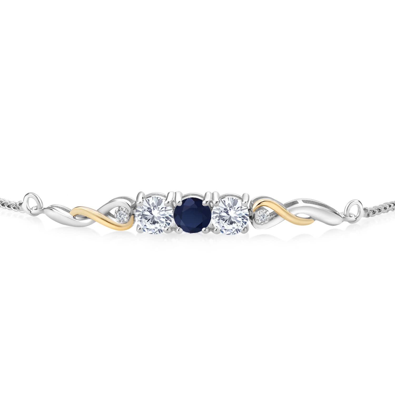 925 Sterling Silver and 10K Yellow Gold Blue Sapphire White Moissanite and White Lab Grown Diamond Tennis Bracelet For Women (1.62 Cttw, Gemstone September Birthstone, Fully Adjustable Up to 9 Inch)