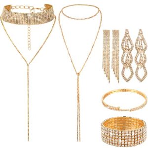 mtlee 6 pieces women rhinestone jewelry set layered choker necklaces long tassel necklaces crystal bracelet cuff bangles diamond tassel dangle earrings (gold)