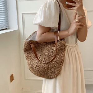 NIBD Hand-woven Soft Large Straw Shoulder Bag Retro Boho Tote Bags Summer Beach Woven bag Rattan Handbag (Brown)