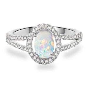 ydd 14k white gold opal rings for women 1 carat(1 ct) halo oval cut opal engagement rings for women opal birthstone anniversary ring free engraved size 7.5