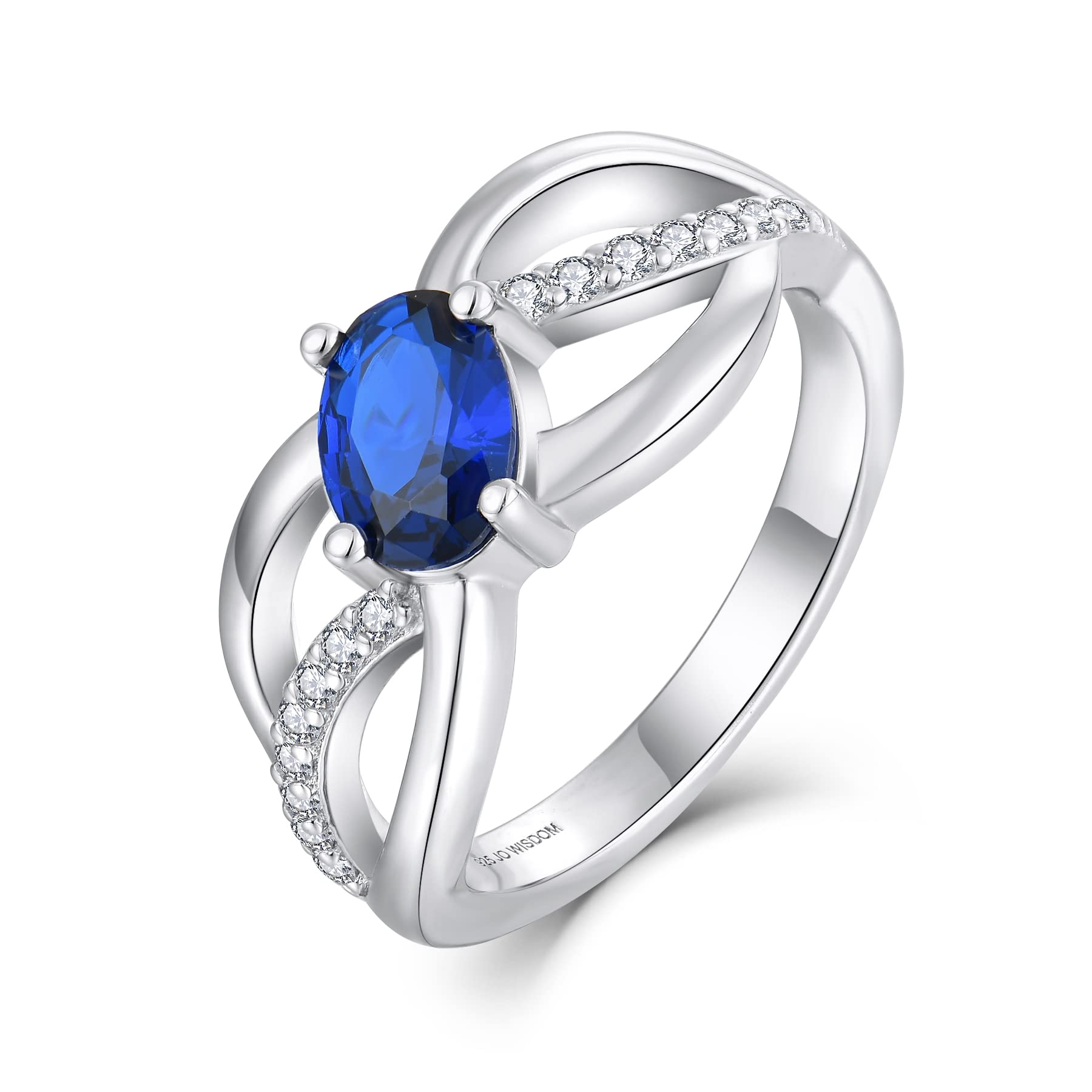 JO WISDOM 925 Sterling Silver Women's Criss Cross Statement Rings for Women with 5x7mm Blue Sapphire Oval Birthstone Size 9