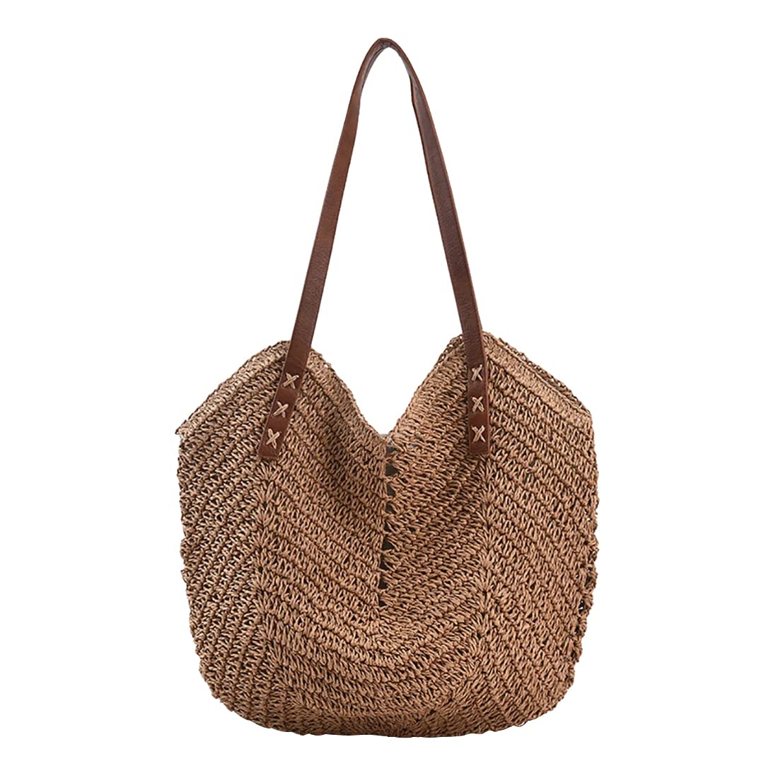 NIBD Hand-woven Soft Large Straw Shoulder Bag Retro Boho Tote Bags Summer Beach Woven bag Rattan Handbag (Brown)